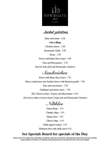 Food Menu - The Downgate Pub, Hungerford