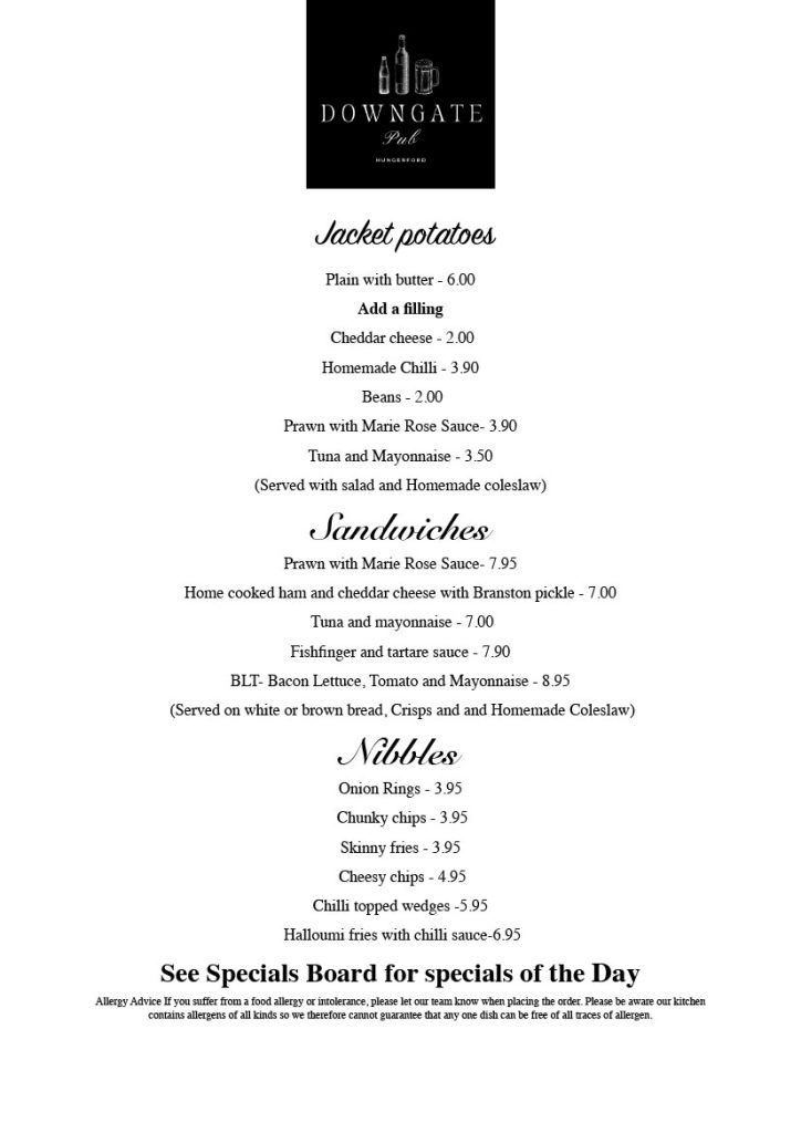 Food Menu - The Downgate Pub, Hungerford
